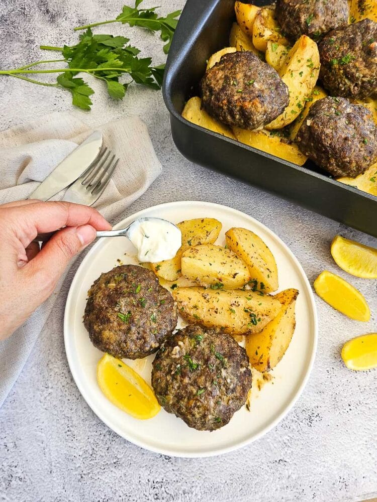 Biftekia (Beef Patties) with Lemon Potatoes - mum's Greek recipes