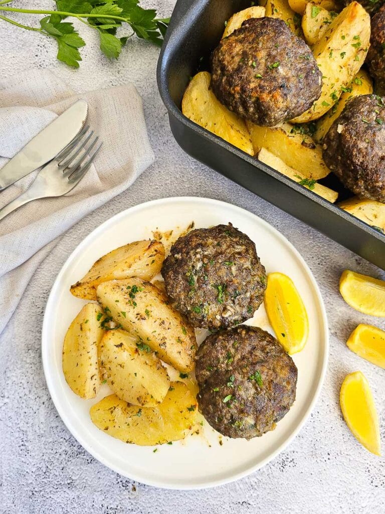 Biftekia (Beef Patties) with Lemon Potatoes - mum's Greek recipes